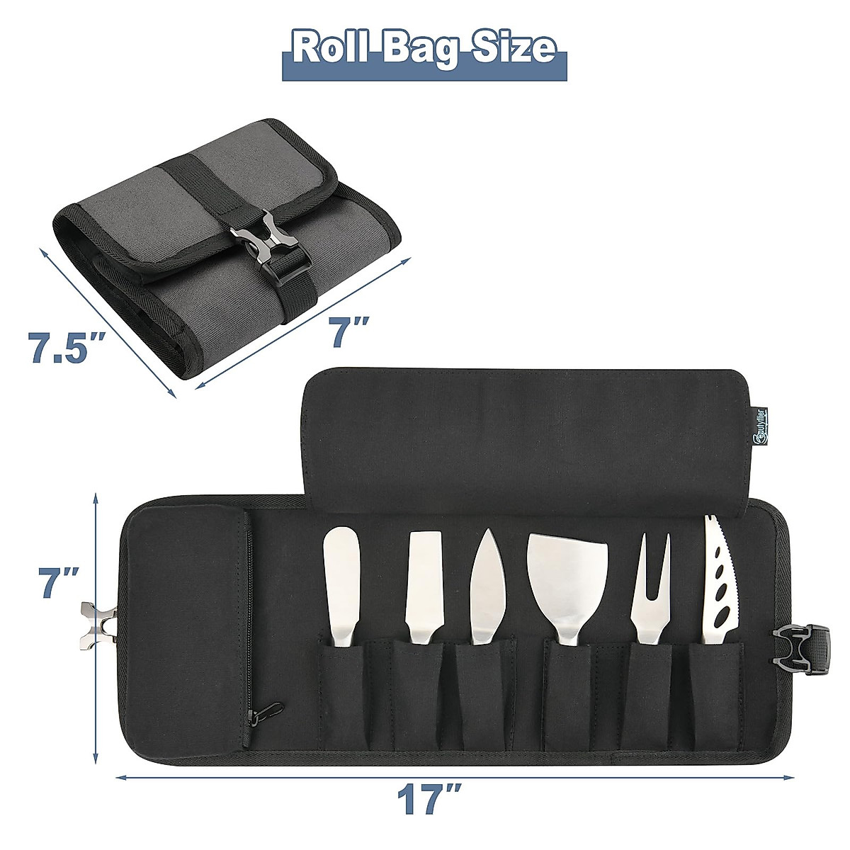 Beautyflier Cheese Knives Roll Bag, Mini Cheese Knife Set Roll Case - 6 Knife Slots and a Zipper Pocket, Canvas Chef Knife Roll Bag for Travel Party and Holiday Cheese Serving, Gray (Bag Only)