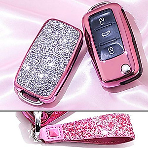 Royalfox(TM) 3 Buttons 3D Bling flip Folding Remote Key Fob case Cover for VW Volkswagen Jetta GTI Passat Golf Tiguan Touareg Beetle Multivan Sagitar Passat Accessories,with Keychain (Pink)