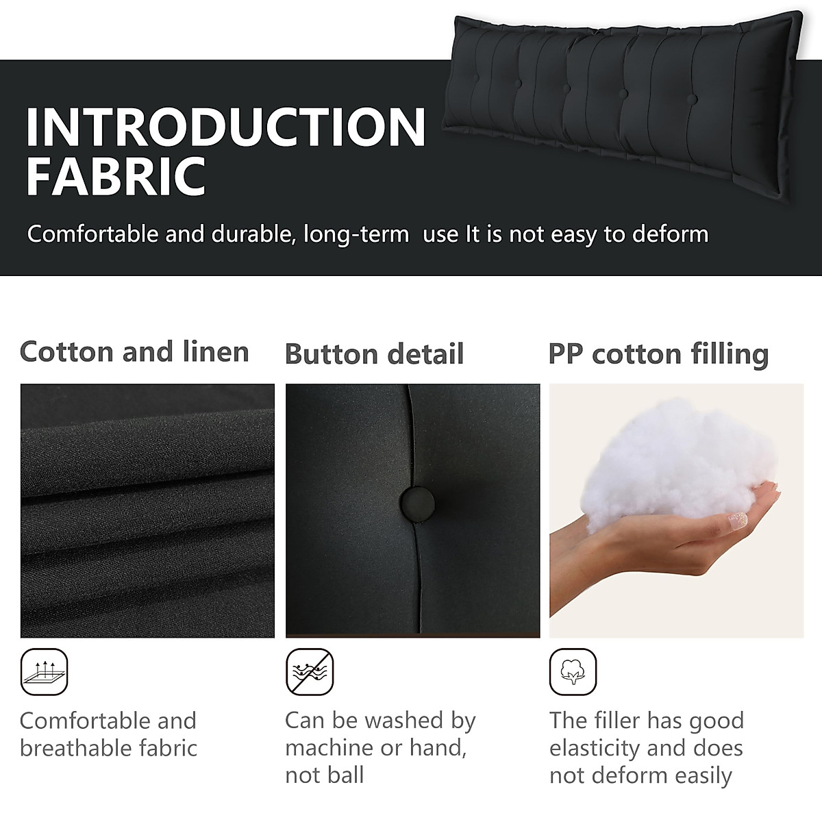 Johnear Bolster Pillow Headboard Backrest Pillow Large Daybed Cushion Lumber Back Pad Support Positioning Sofa Bed Rest Reading Pillow （Black, 76 x 3 x 20 inches）