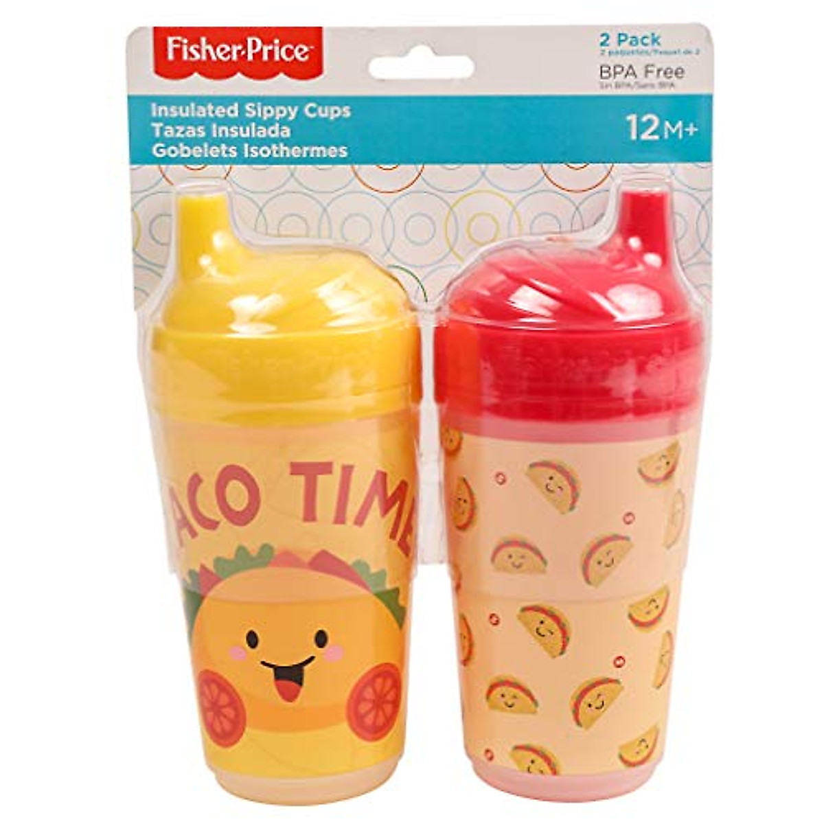 Cudlie Fisher Price Unisex Baby 10 Oz 2 Pack Insulated Sippy Cups with Taco Time Print