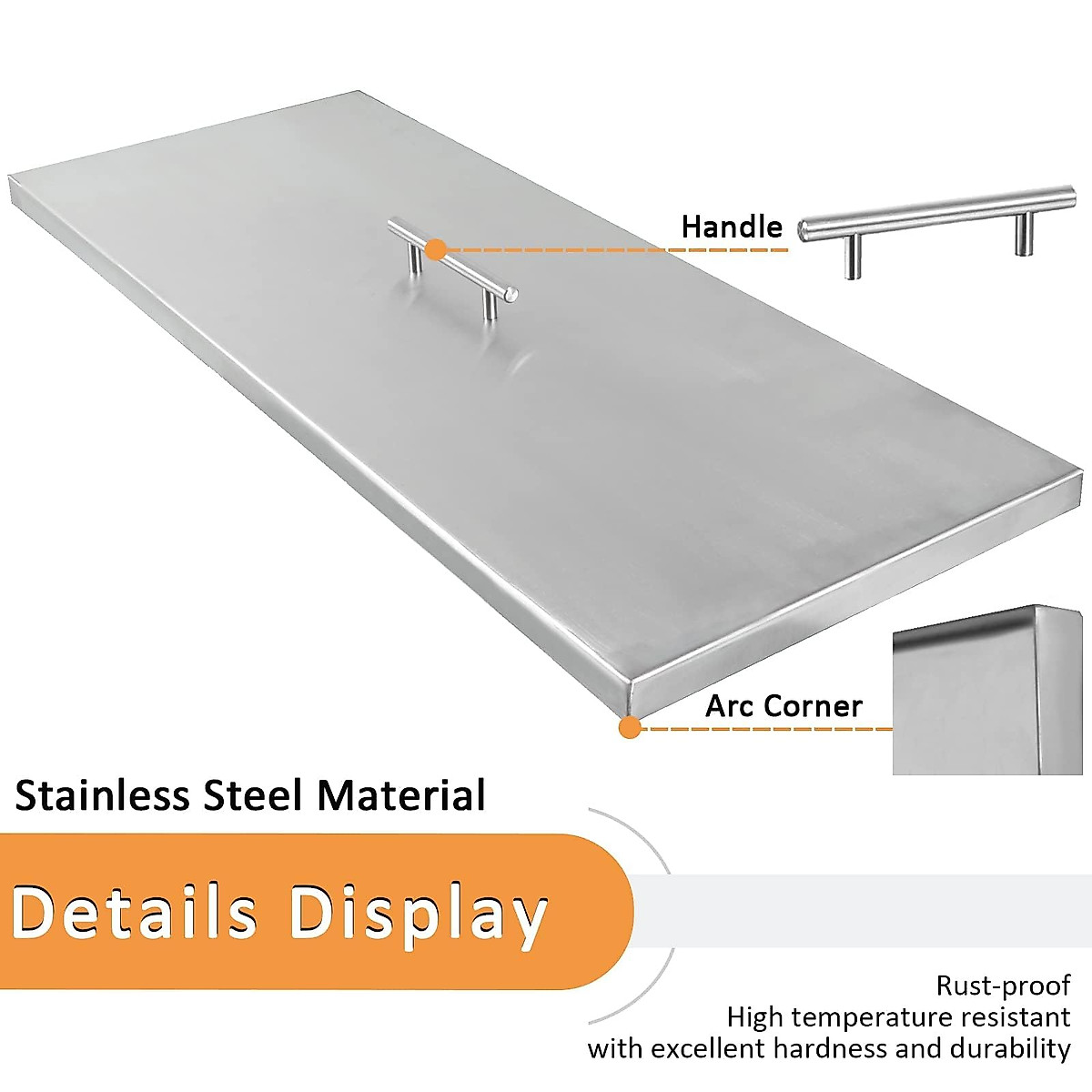 Marada Square Metal Fire Pit Cover Lid 33" x 13" x 1" Fire Pit Cover Rectangular Heat Resistant Stainless Steel Lid 1.5 mm Thick for Burner Pan