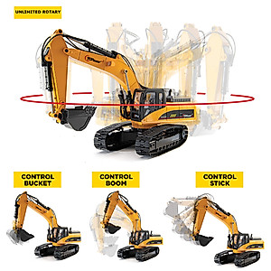 Top Race Full Metal Adult RC Hydraulic Excavator Truck - 23-Channel Remote Control Excavator Toy with Claw Grabber - Rechargeable 2000mAh Battery, Smoke Simulated, RC Trucks, 180 Lbs Capacity