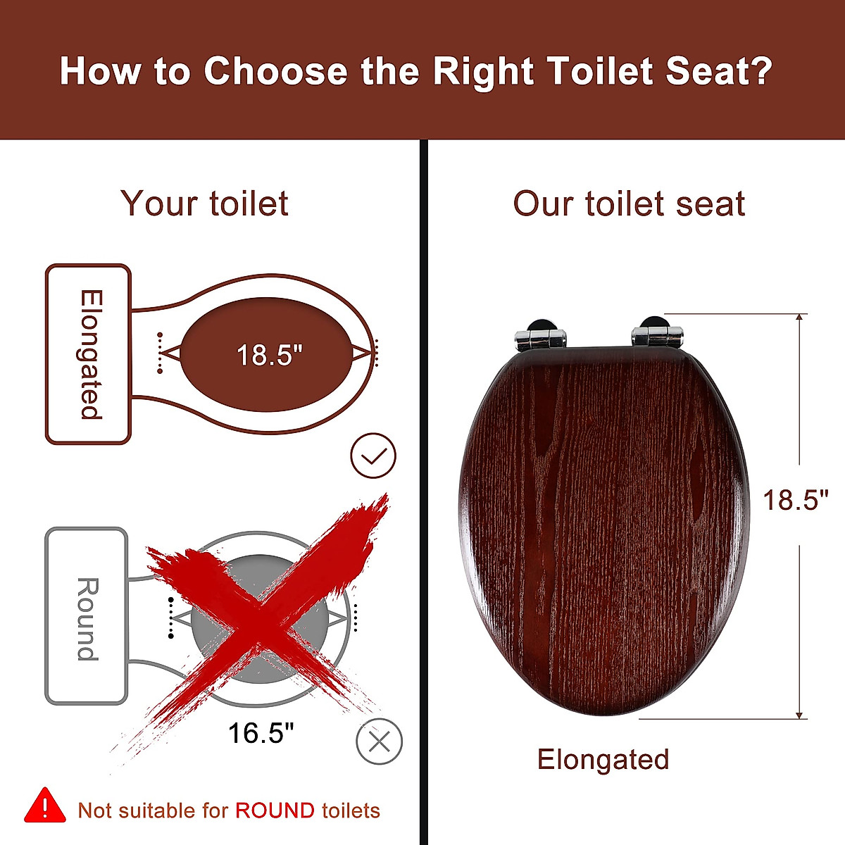 Angel Shield Elongated Wood Toilet Seat with Quiet Close,Easy Clean,Quick-Release Hinges(Elongated,Dark Walnut)