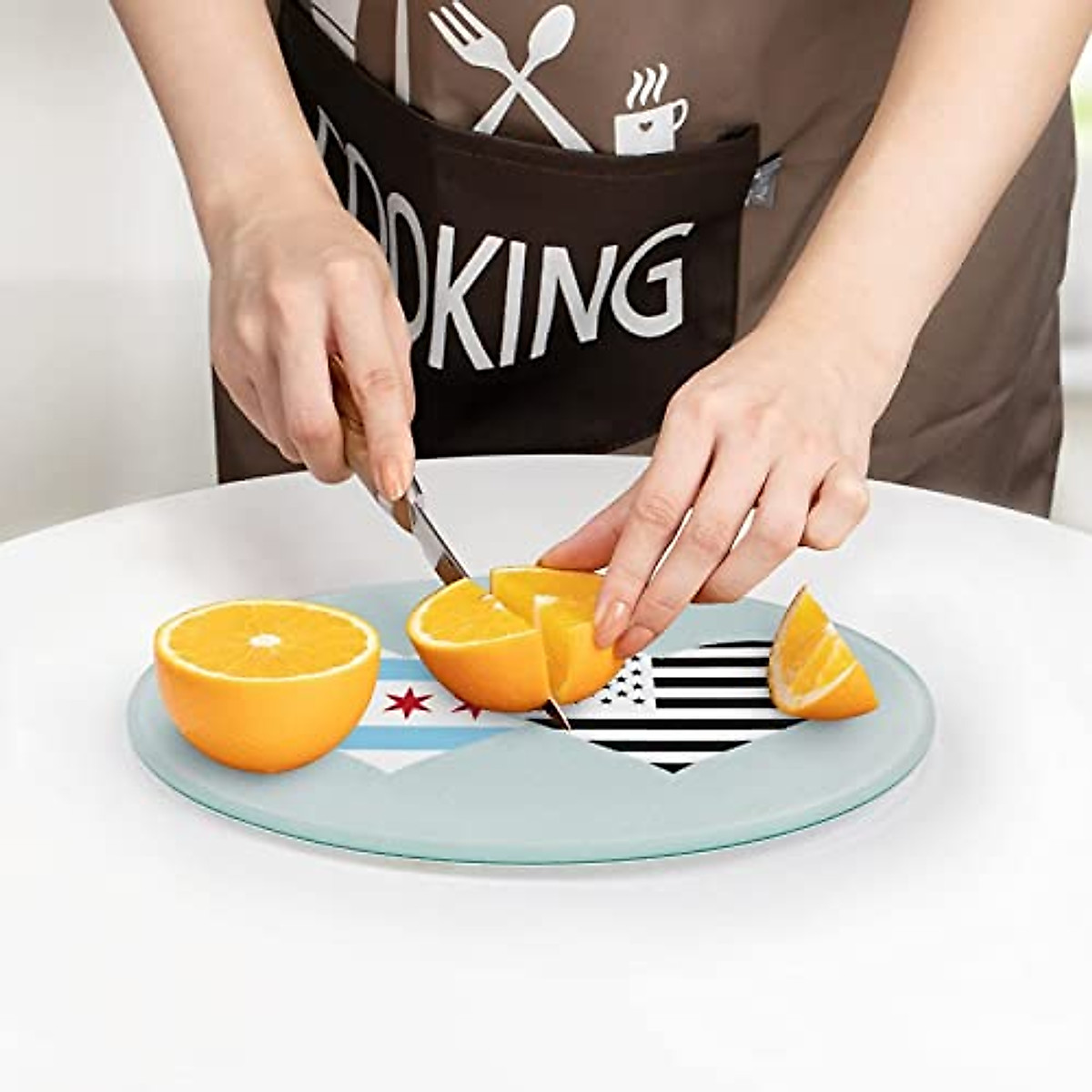 Chicago Flag and American Flag Glass Cutting Board Round Kitchen Decorative Chopping Blocks Mats Food Tray for Men Women