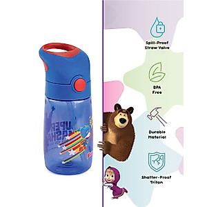 Masha and the Bear 14oz Kids Water Bottle With Straw - Spill Proof Straw Valve, Pop Button, BPA Free Water Bottle for Kids School - Featuring Soft Silicone Handle Grip - Children's Drinkware - Blue