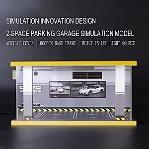 Sikivot 1/24 Scale Car Display Case,Car Model Toy with Parking Lot Scene, Die-cast Car Garage Display Case,2 Parking Space Acrylic Toy Garage with LED Light