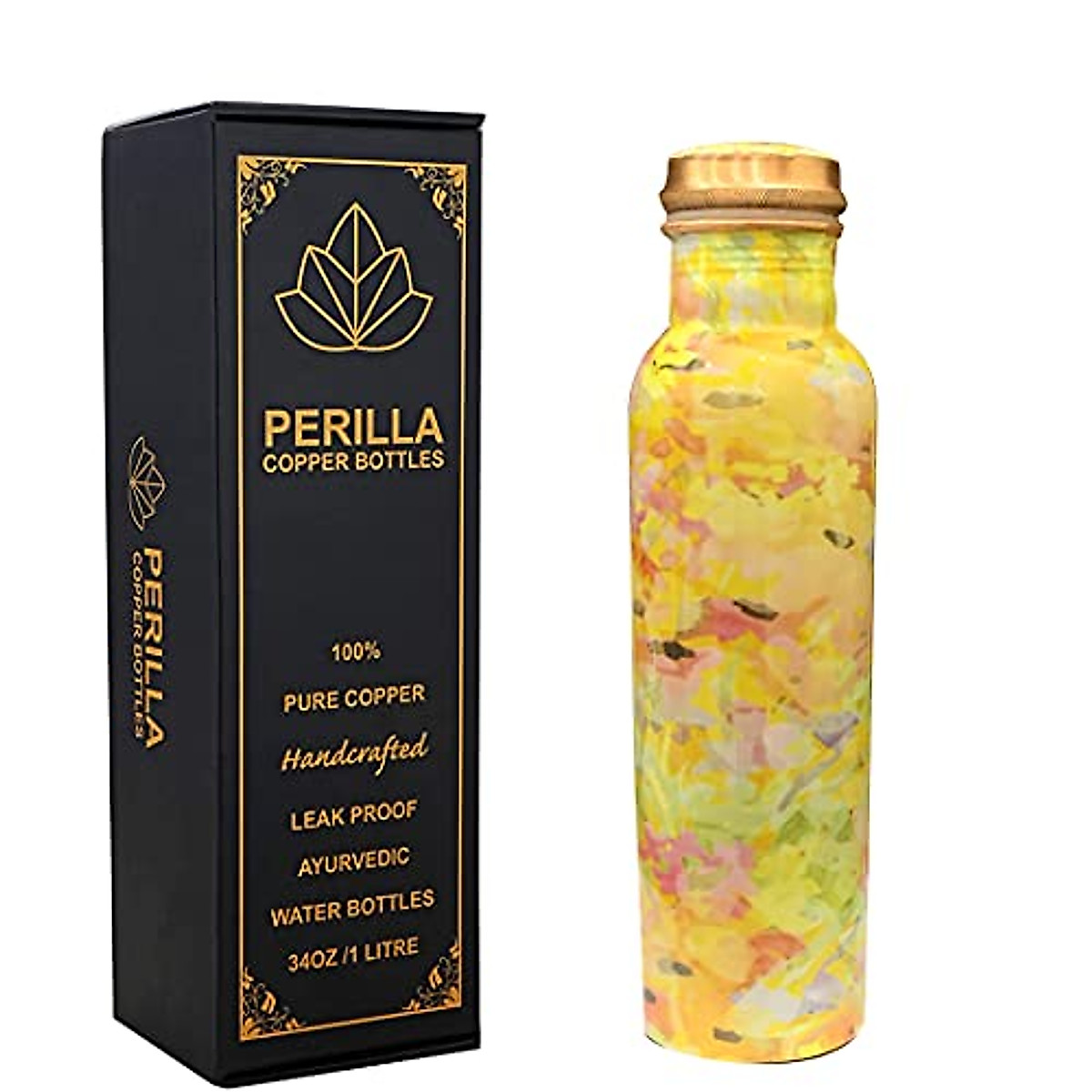 Perilla Home Copper Water Bottle 34 Oz Leak Proof 100% Pure - An Ayurvedic Copper Vessel - Drink More Water And Enjoy The Health Benefits Immediately/Yoga Bottle (Printed 5)