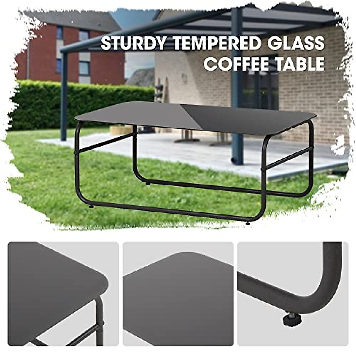 May in Color Metal Patio Furniture Set 4-Piece Wide Seating Conversation Sets Outdoor Sectional Sofa, Loveseat, Chair, Glass Coffee Table,8 Cushions, Comfortable, Easy Assemble, Dark Grey-1