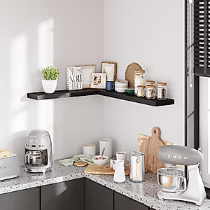 BAMEOS Floating Shelves, Black Wall Mounted Wooden Shelves with Invisible Brackets Set of 2, Hanging Wall Shelves Decoration for Bedroom and Kitchen