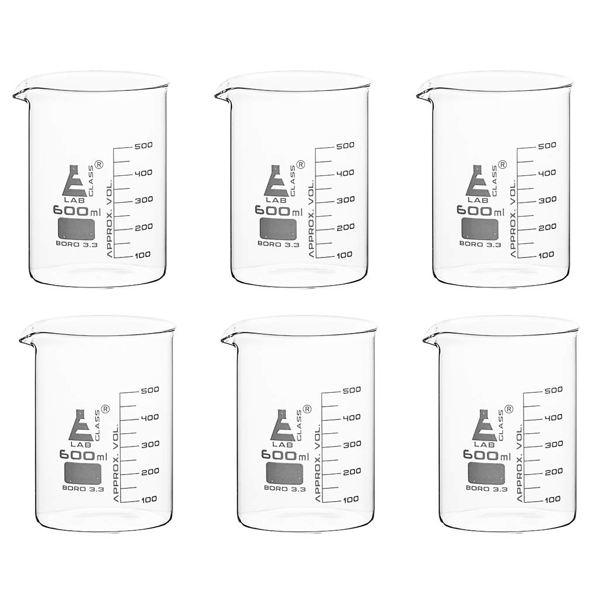 EISCO 6PK Beakers, 600mL - Low Form with Spout - White, 50mL Graduations - Borosilicate 3.3 Glass