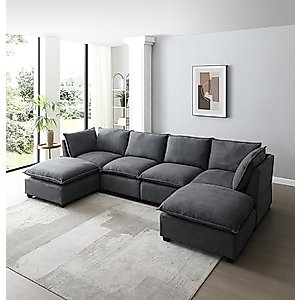 Eafurn Down Filled Convertible Modular Sectional Sofa with Movable Ottomans, 6 Seater Oversized Free Combination Reversible Sleeper Corner Couch Bed Sofabed w/Thicked Cushions for Living Room Office