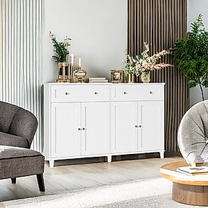 FINETONES Buffet Cabinet with Storage, 55.1” Large Sideboard Buffet Cabinet, White Kitchen Cabinet Display Cabinet with 2 Drawers and 4 Doors, Wood Coffee Bar Cabinet for Kitchen Dining Room