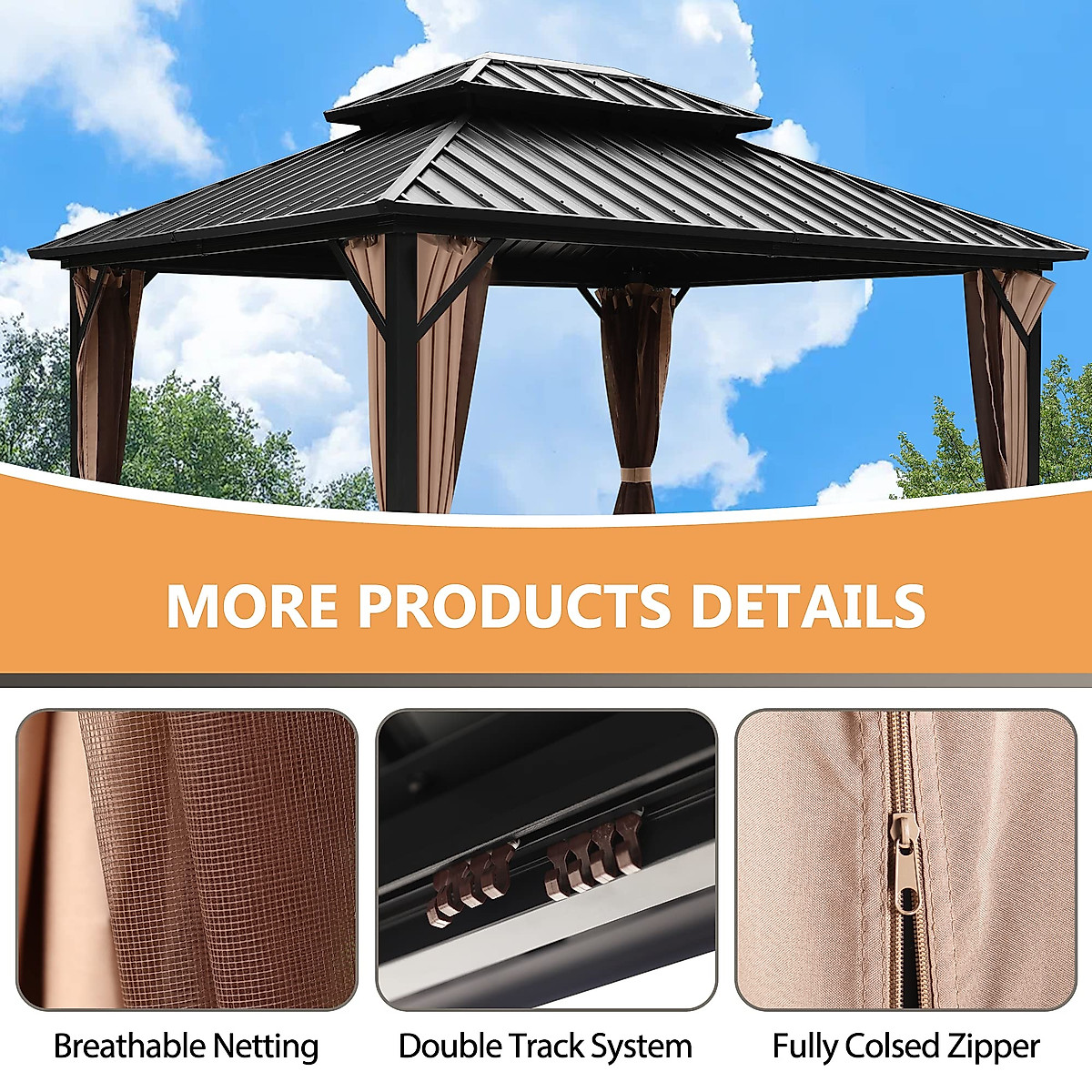 QZEN 10' x 12' Hardtop Gazebo with Netting and Curtains, Double Roof Permanent Metal Gazebo, Aluminum Frame Patio Gazebo for Backyard, Garden, Lawn and Deck