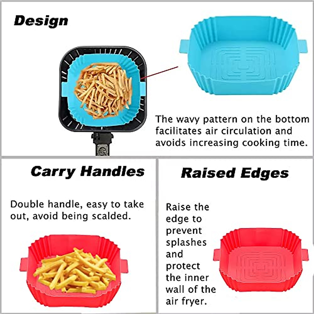 Air Fryer Silicone Liners (2-Pack), Reusable Square Air Fryer Liners Heat Resistant Silicone Air Fryer Liners Air Fryer Accessories For 4 To 7 Qt Air fryers (Red+Blue)