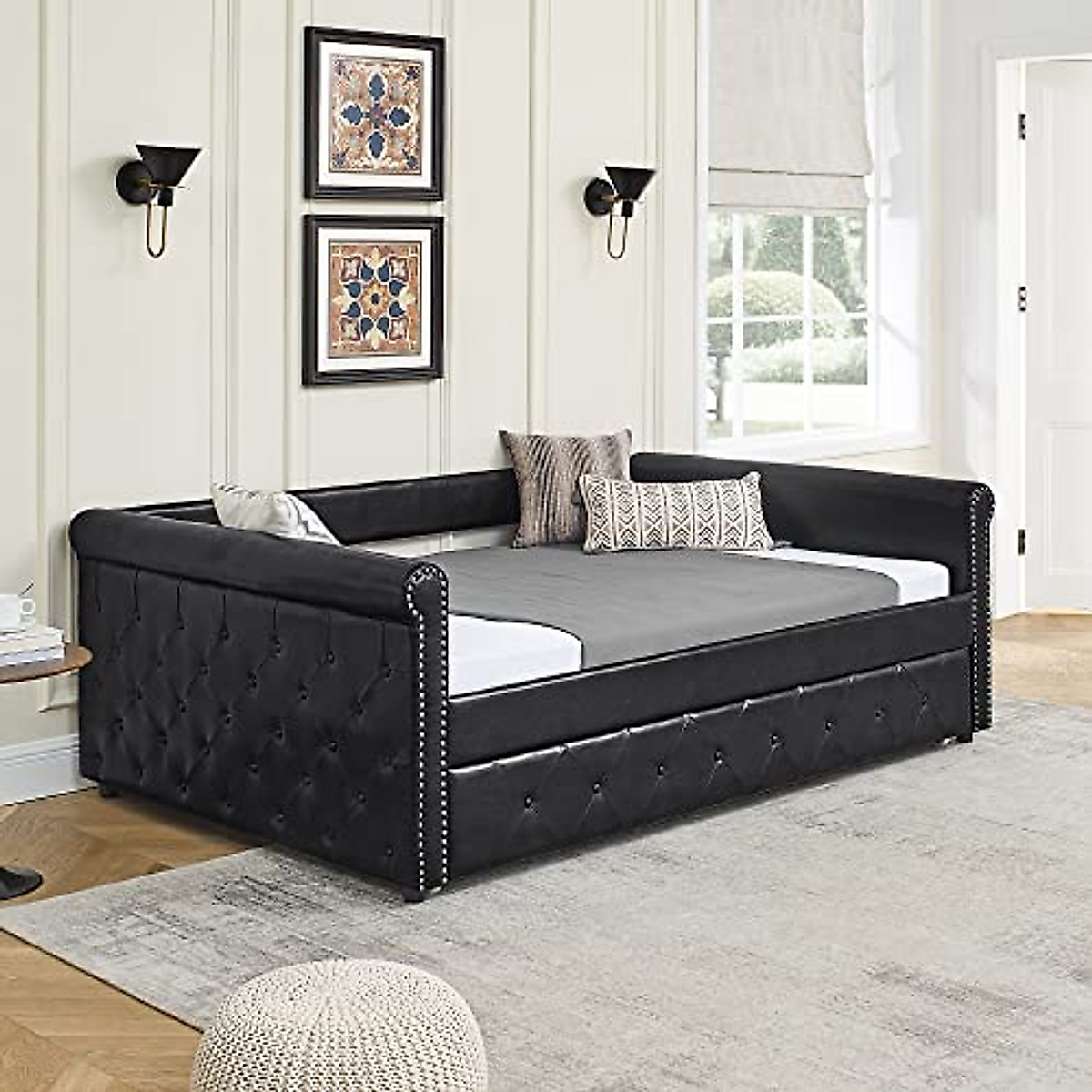 JULYFOX Upholstered Dabyed Full Size with Trundle, Button Tufted Full Size Platform Bed with Twin Trundle No Box Spring Needed Nail Head Trims Space Saving Bed(Black,Full)