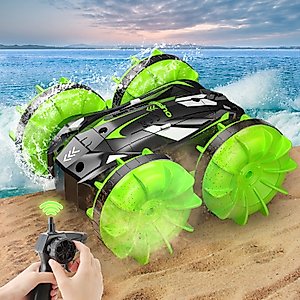 MAVREC Toys Amphibious Remote Control Car, Kids Toys for 6-12 Year Old Boys, 2.4GHz RC Cars with 360° Flip, 4WD Off-Road Waterproof RC Stunt Car, Christmas Birthday Gifts for Kids (Green)