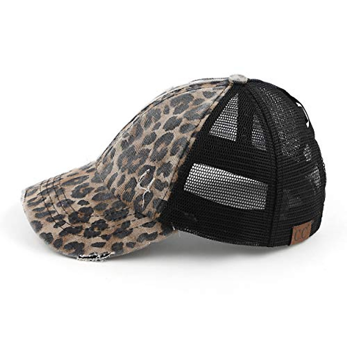 C.C Exclusives Washed Distressed Cotton Denim Criss-Cross Ponytail Hat Baseball Cap Bundle Hair Tie (BT-780)(BT-791) (A Elastic Band-Baby Leopard)
