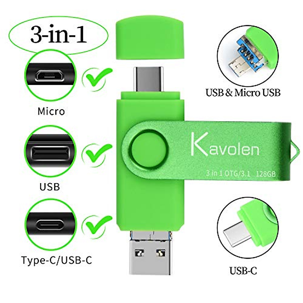 Kavolen 3in1 64GB High Speed Photo Backup Flash Drive Memory Stick for PC/Laptop /Android Phones.Photo Memory Stick for Samsung Galaxy ,LG,Google Pixel,Hua Wei,Moto,One Plus etc(for Android Phones)