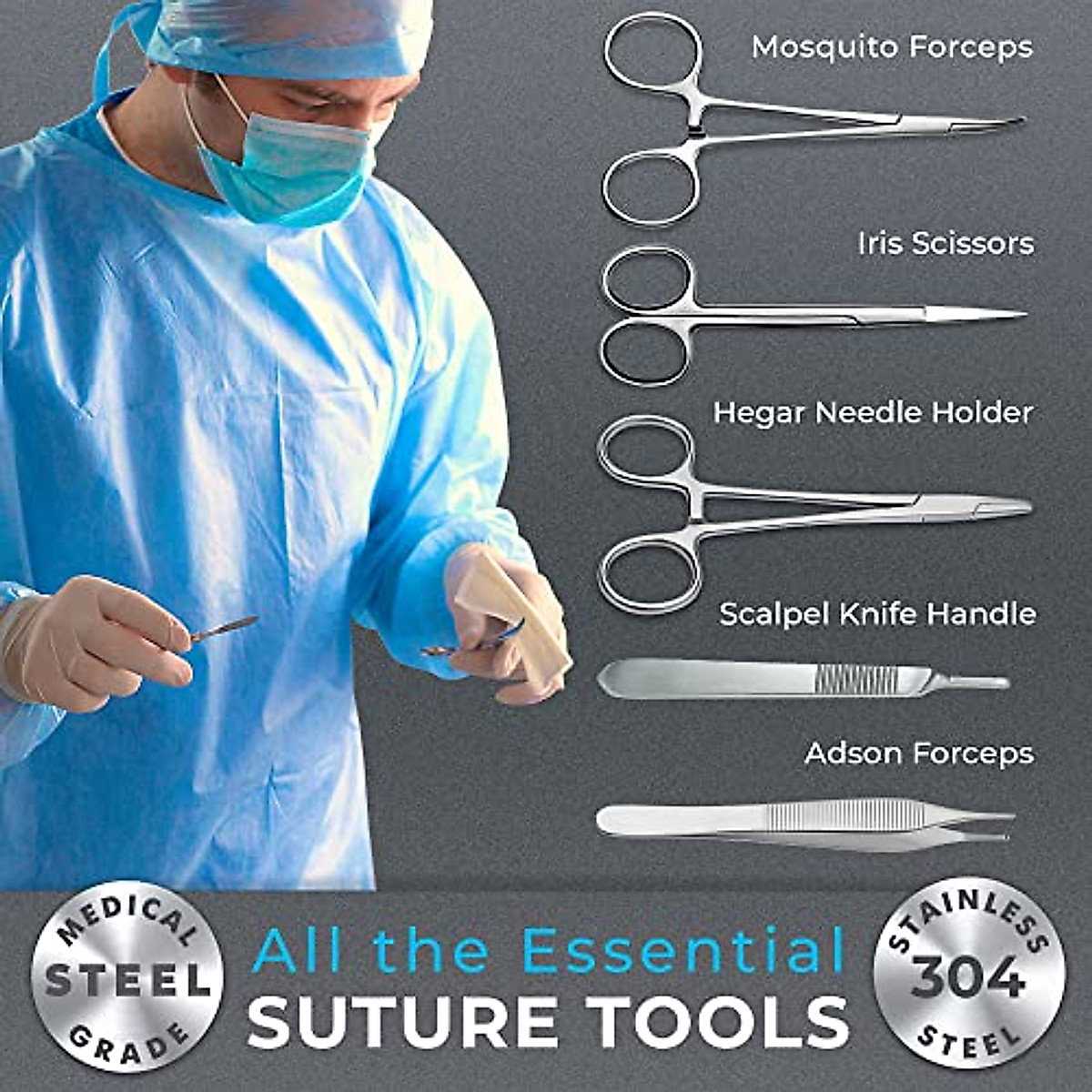 Complete Sterile Suture Practice Kit for First Aid Field Emergency and Medical Students Training - Including Large Silicone Suture Pad and Sterilized Suture Tools Threads and Needles