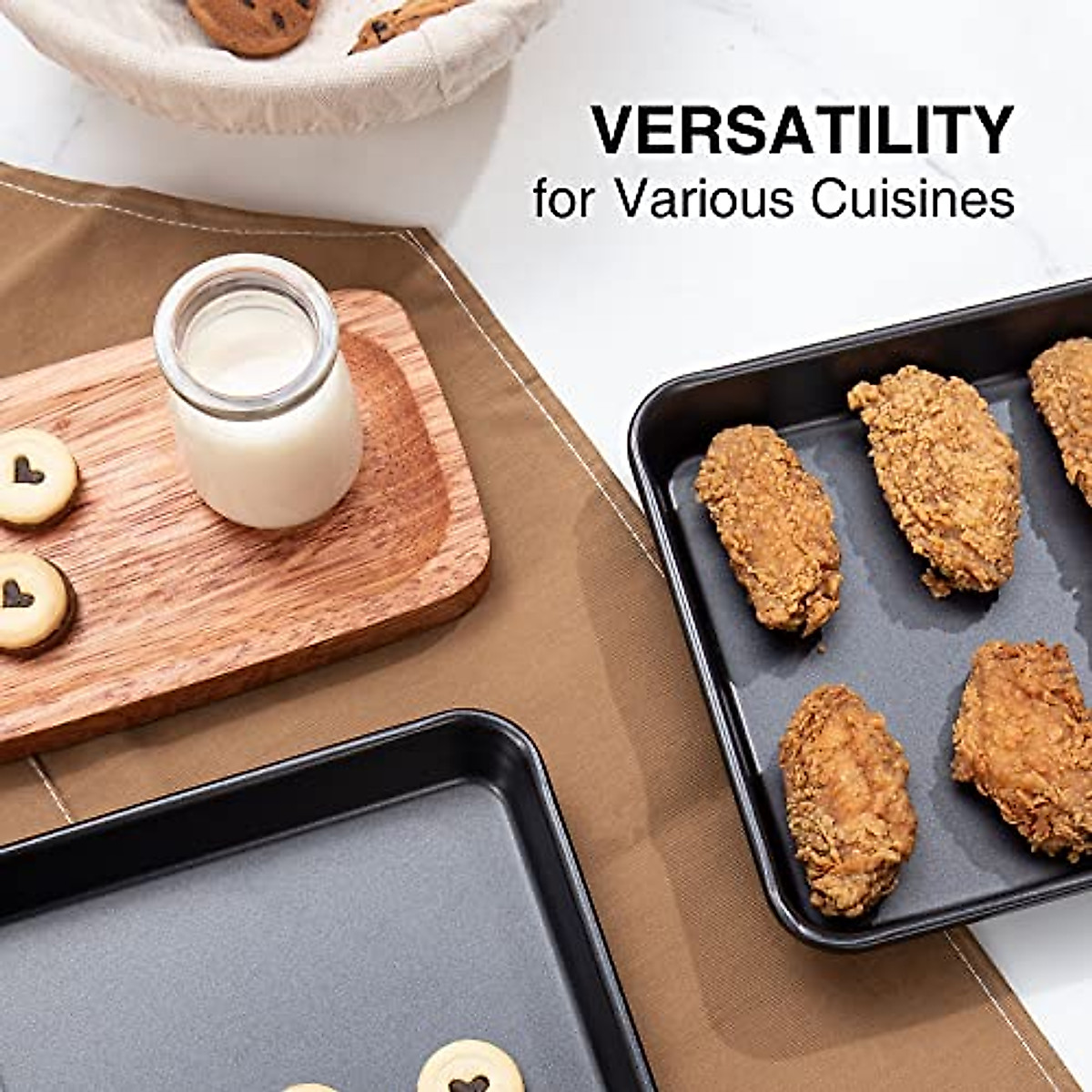 HONGBAKE Toaster Oven Pans for Baking, Nonstick 1/8 Cookie Sheet Pan Set, Small Baking Tray, 9.7X7.5", Dishwasher Safe and Heavy Duty, 2 Pack - Black