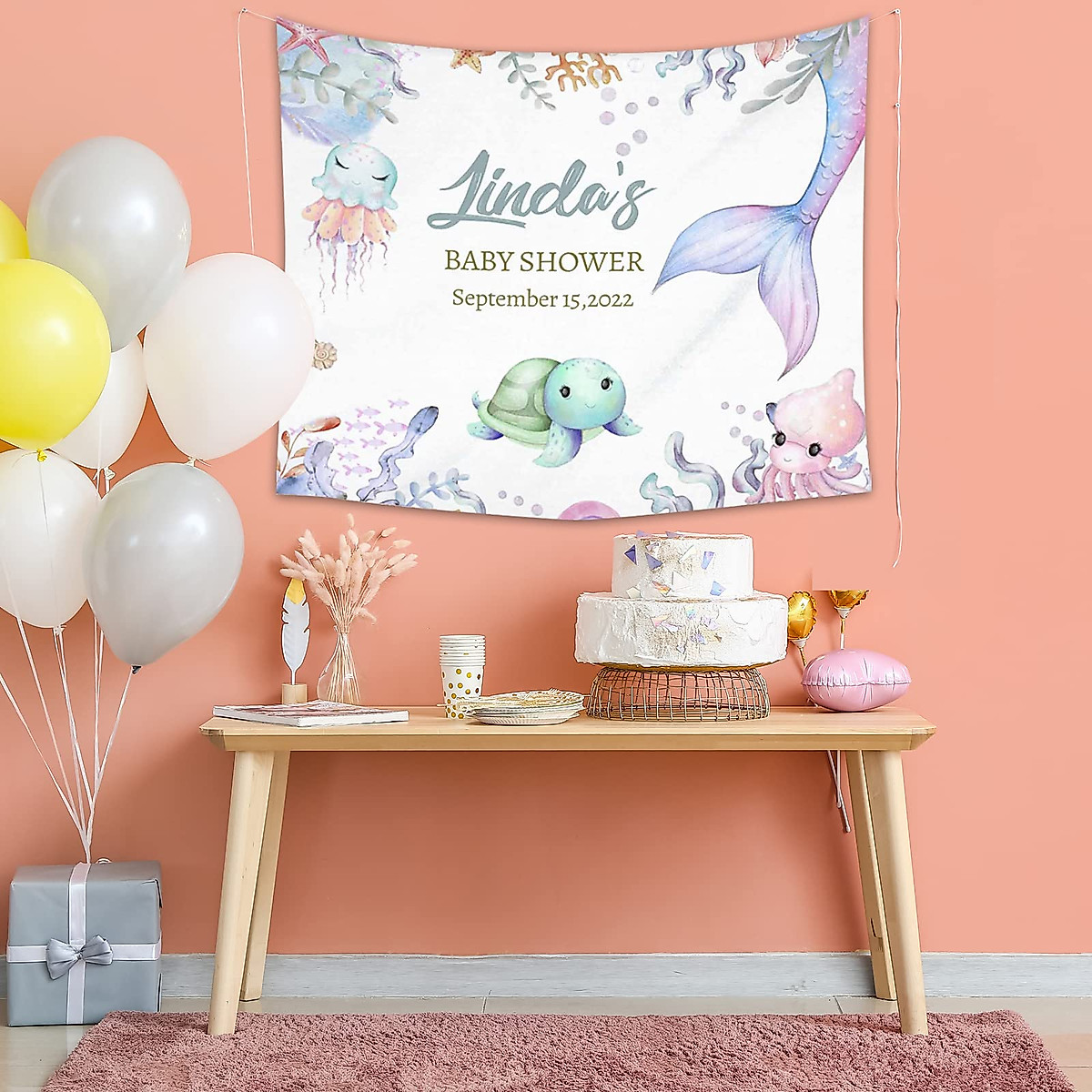 Personalized Mermaid Baby Shower Backdrop, Custom Name Date Baby Shower Backdrop for Girl, Little Mermaid Background for Girls Birthday Baby Shower Party, Mermaid Baby Shower Decorations