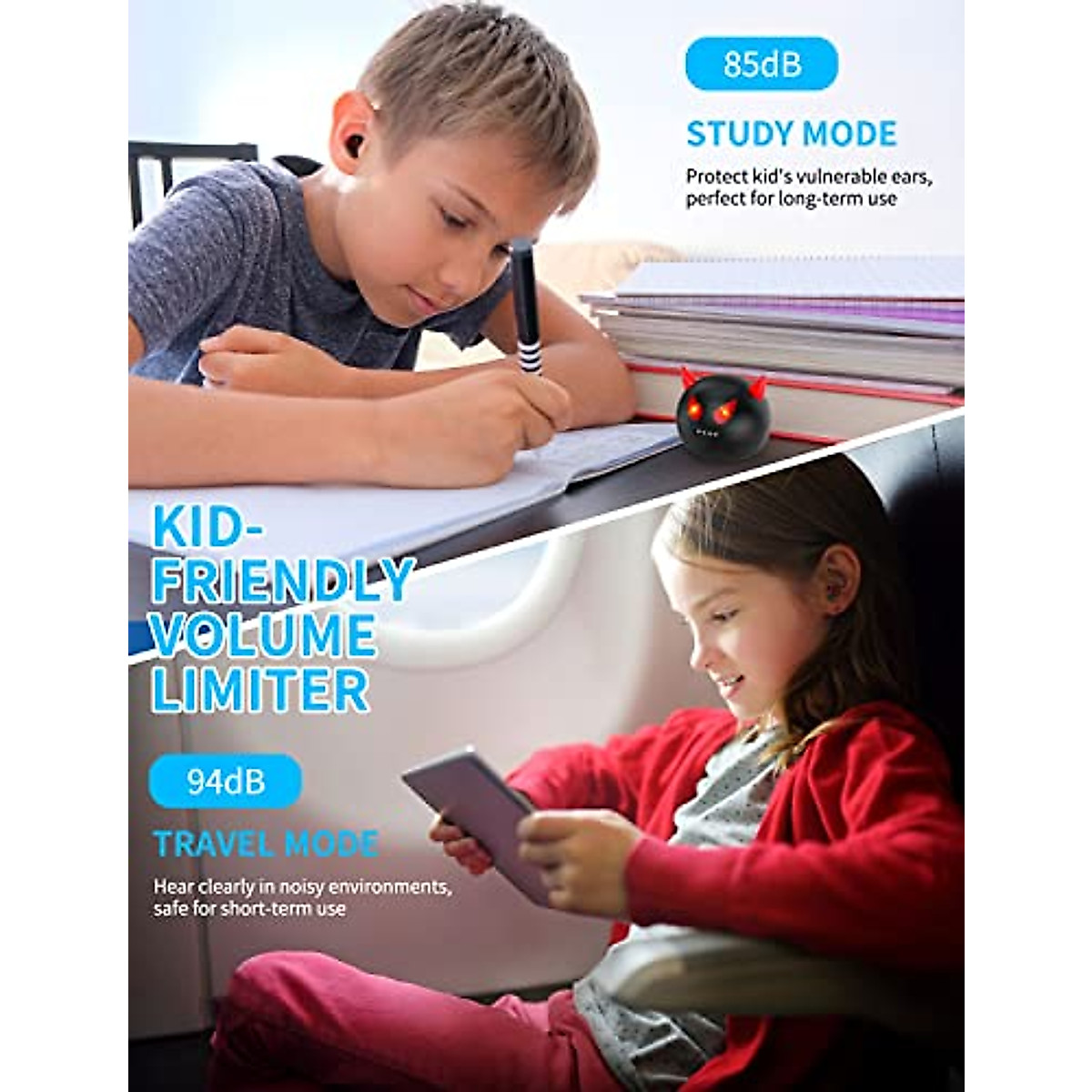 Kids Wireless Headphones, Bluetooth Little Devil Headphones with Charging case, Boys Sports Waterproof Stereo Game Headphones, 36H Play time Light Ears