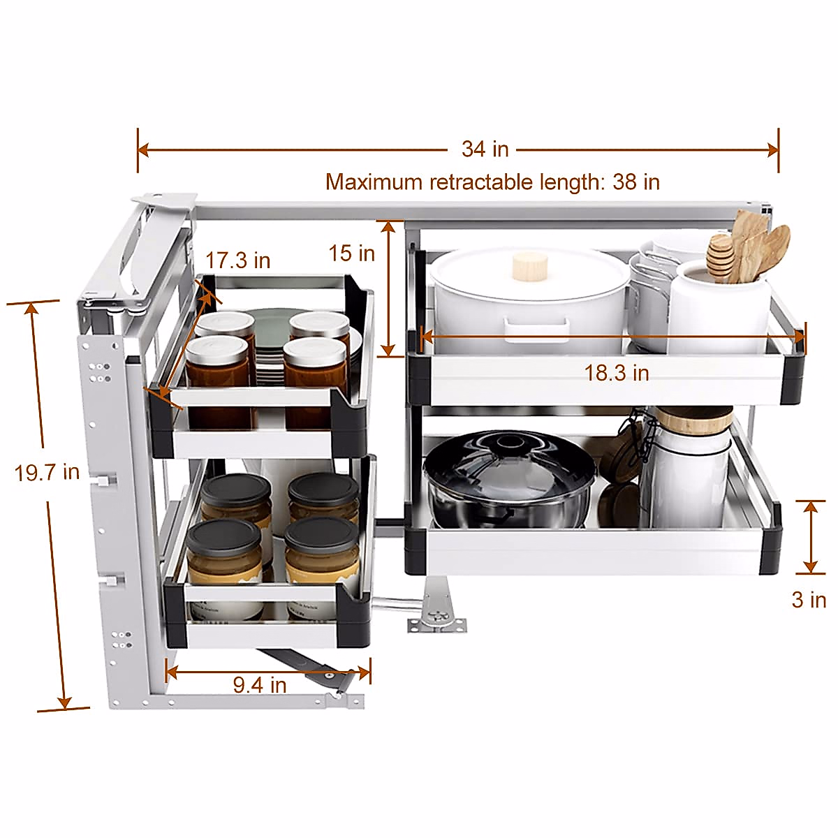 WYJF Blind Corner Cabinet Pull Out 15 Inch Opening,Blind Corner Cabinet Organizer,Corner Optimizer,Chrome Blind Corner Soft Close,Blind Corner Cabinet Pull Out Left Right