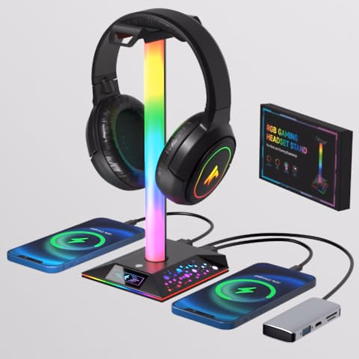 Gaming Headphone Stand PC Accessories - RGB Headset Stand with 2 USB Charger, Cool LED Headphone Holder PC Gaming Accessories Gift for Boys Men Gamers, Computer Game Hardware for Desk