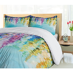 Ambesonne Flower Duvet Cover Set, Abstract Ivy Romantic and Landscape Spring Floral Art Nature Theme, Decorative 3 Piece Bedding Set with 2 Pillow Shams, King Size, Turquoise Purple