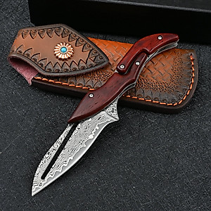 SDOKEDC Damascus Steel Folding Knife Pocket Knife Yellow Sandalwood Handle Mechanical Lock Outdoor Camping Survival (Curved blade)