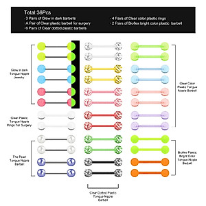 PiercingArt Glow In Dark Plastic Tongue Nipple Rings Neon Rubber Acrylic Nipple Tongue Piercing Jewelry Bioplast Nipplering Jewelry Set Surgical Steel Barbells for Women Men 16mm 14G