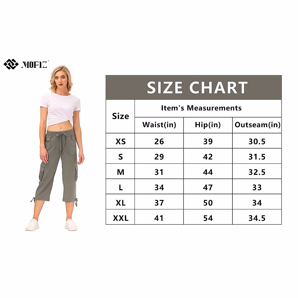 MoFiz Women's Cargo Hiking Pants Lightweight Quick Dry Running Capri Pants Athletic Workout Casual Outdoor Button Pockets Grey Khaki M