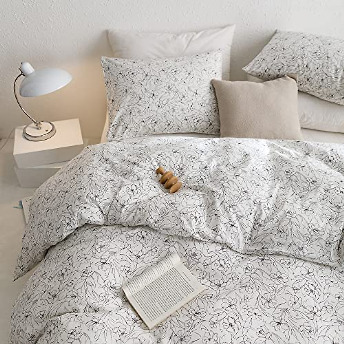 ECOCOTT White & Black Floral Duvet Cover King Size, 100% Cotton 3 Piece Duvet Cover Set, Super Soft Comforter Quilt Cover with Zipper Closure 4 Ties (King,104"x90")