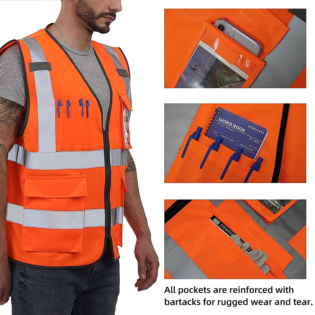Dib Safety Vest Reflective ANSI Class 2, High Visibility Vest with Pockets and Zipper, Construction Work Vest Hi Vis Orange L