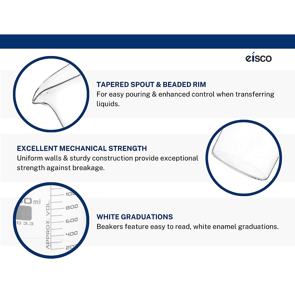 EISCO Beaker, 500ml - Tall Form with Spout - White, 50ml Graduations - Borosilicate 3.3 Glass