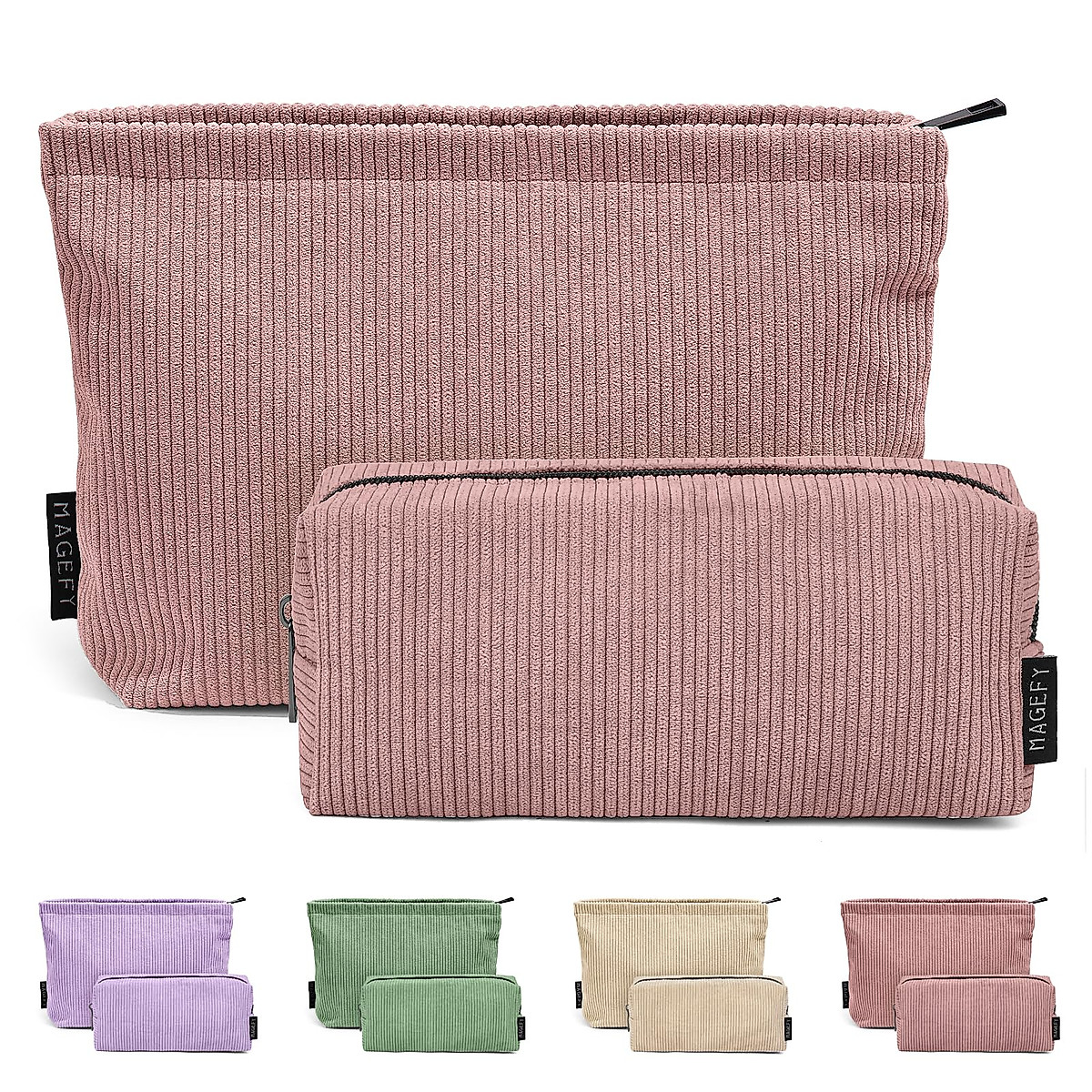 MAGEFY 2 Pcs Makeup Bags for Women, Corduroy Make up Bag for Purse Travel Makeup Bag Small Cosmetic Bags with Zipper Makeup Pouch for Travelling - Dusty Pink