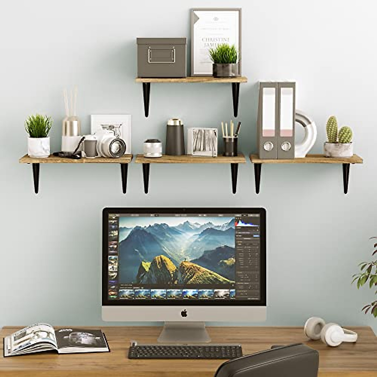 Wallniture Arras Floating Wall Bookshelves for Living Room Decor Laundry & Kitchen Organization Office Decor 17"x8" Wall Shelf Set of 4, Burnt Finish