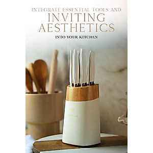 Lordelle Knife Block Set - 5 Piece Set - White Chantilly Snow - Lifestyle Home Kitchen Design - German X50 Stainless Steel - ABS Handle - Ash Wood Block - Cooking Chef Knife, Santoku, Paring, Utility