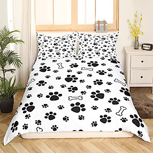 Castle Fairy Dog Paw Print Duvet Cover for Boys,Girls Puppy Bone Comforter Cover Full Size,Black White Bedding Set Kids Teen Room Decor Bed Cover,Dog Footprints Bedclothes with Zipper