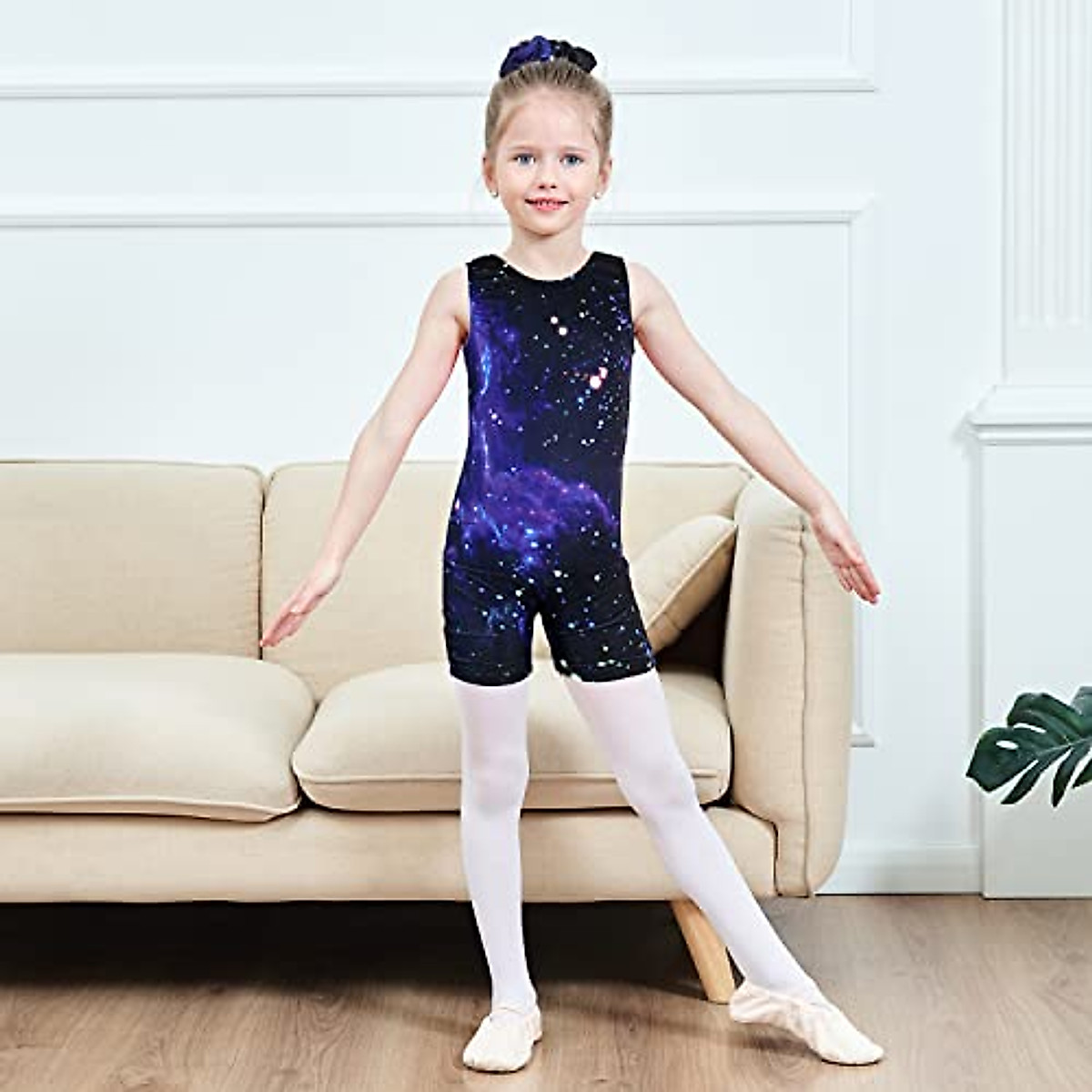 MODAFANS Leotards for Girls Gymnastics Dance unitards Tumbling Biketards with Hair Scrunchie for10-11T,Mystery Cosmic