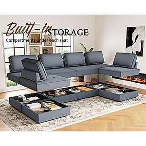 PaPaJet Sectional Sofa, 6 Seater Modular Sectional Couch- Convertible U Shaped Sectional Sofa Couch, 32" Seat Depth Oversized Couch for Living Room, Office (Velvet,Grey)