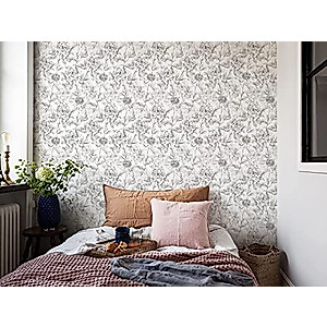 JiffDiff Black and White Floral Wallpaper 17.3" x 394" Peonies Removable Peel and Stick Floral Wallpaper Sketched Floral Self-Adhesive Prepasted Wallpaper Wall Decor (Sketched Floral)