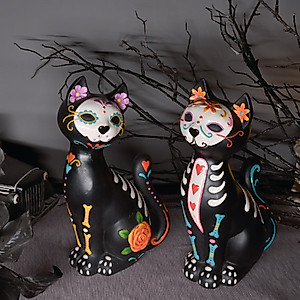 Newman House Studio Sugar-Skull Halloween-Decorations - Day-of Dead-Figurines Floral Cats Couple-Decor Dia de Los Muertos Black Kitten Collectibles Set of 2, 6.3L x 4.0W x 10.2H inch