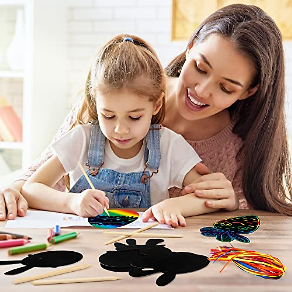 GOMANCHE 48 Pcs Easter Scratch Crafts for Kids, Rabbit Bunny Carrot Easter Egg Rainbow Scratch Paper Ornaments with Wooden Stick and Ribbon for Easter Party Favors