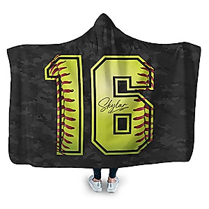 Ohaprints Custom Softball Ball Pattern Camoflage Black Grey Player Fan Gift Personalized Name Number Sherpa Hoodie Blanket Soft Travel Camping Wearable Hooded Blankets Cape Wrap Plush Fuzzy Comfy Cozy