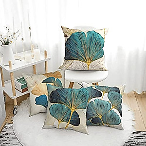 LOHDALOLF Teal and Gold Pillow Covers Set of 4 Turquoise Leaf Floral Pillow Cases Modern Simple Style Decorative Cushion Covers for Sofa Couch 18x18 Inch