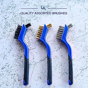Lavaxon Wire Brush Set 3Pcs - Nylon/Brass/Stainless Steel Bristles with Curved Handle Grip for Rust, Dirt & Paint Scrubbing with Deep Cleaning – 7 Inches (Green)
