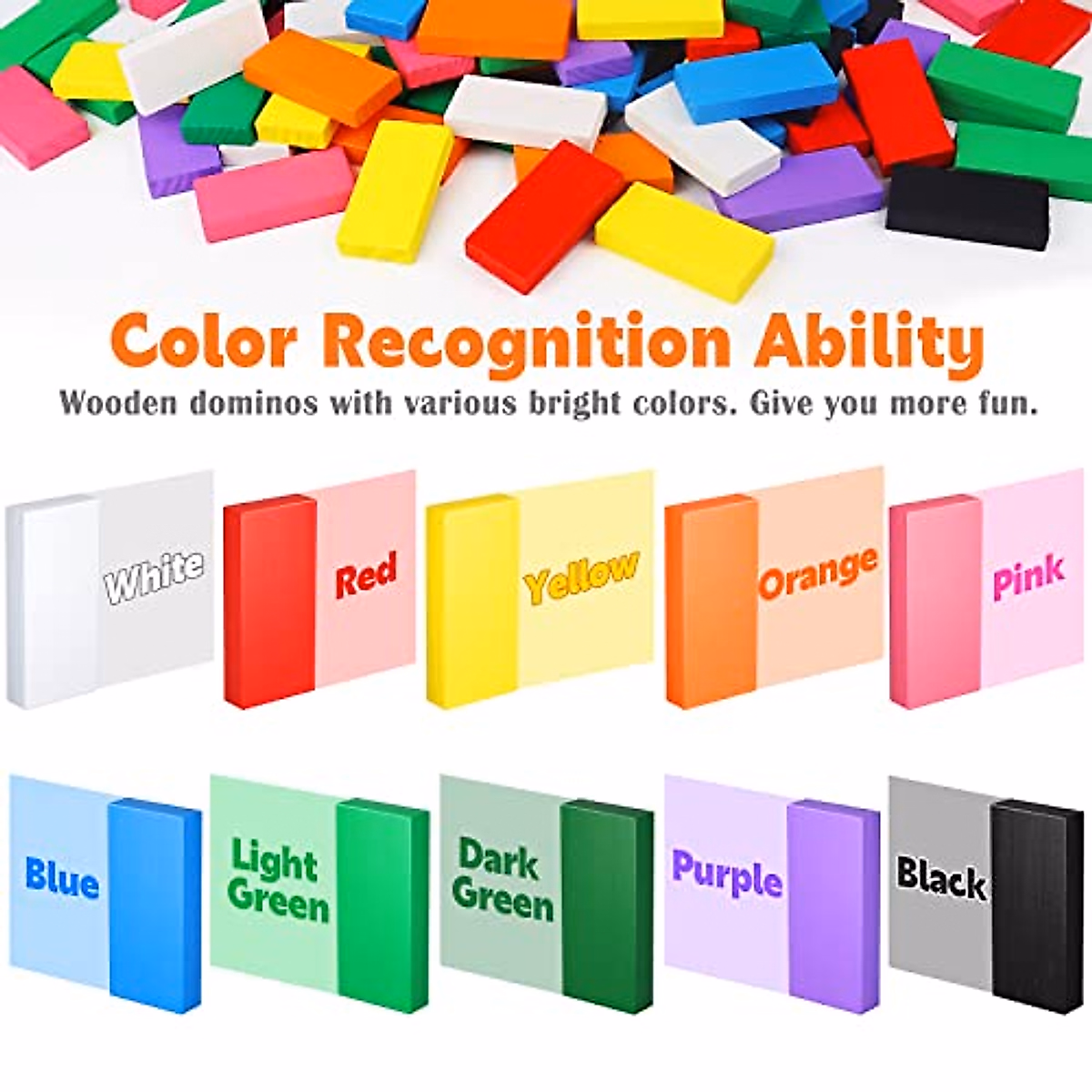 PEBIRA Large Dominoes for Kids, Wooden Dominos Set Include 200 PCS Colorful Domino Blocks, 11 Add-on Tricks and 1 Storage Bag, Bulk Building Dominoes