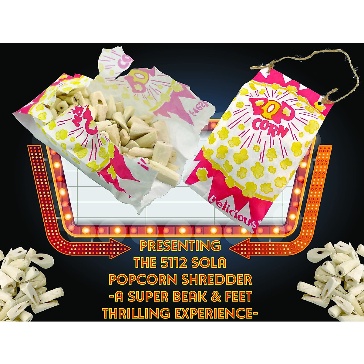 Mandarin Bird Toys by M&M 5112 Sola Popcorn Shredder - Handmade Super Shreddy Bird Toy, Food Grade Popcorn Bag, Natural Sola Wood Pops, Easy to Shred and Forage, Great for Small to Med Size Pet Birds