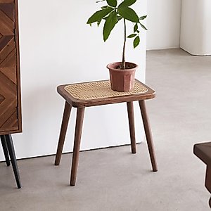 [PJ Collection] Natural Rattan Top Wood Stool, with Portable and Detachable Legs, Handcrafted Wood Stool, Lightweight Stool, Hand Woven, Comfortable Support (Rectangle, Walnut Wood)